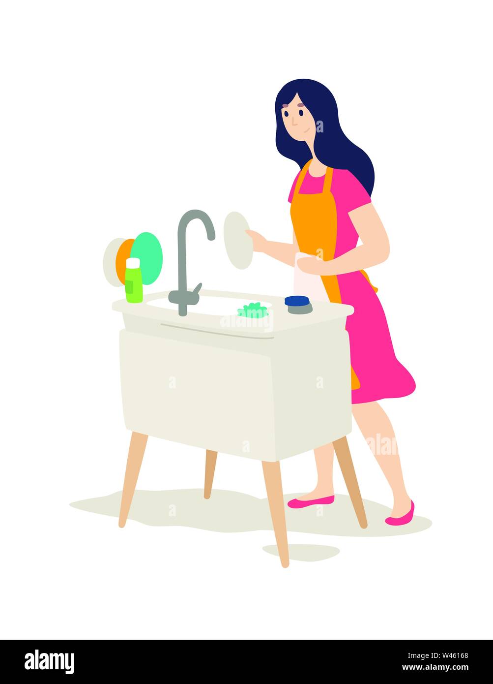 The girl washes the dishes. Vector. Flat cartoon style. The keeper of ...