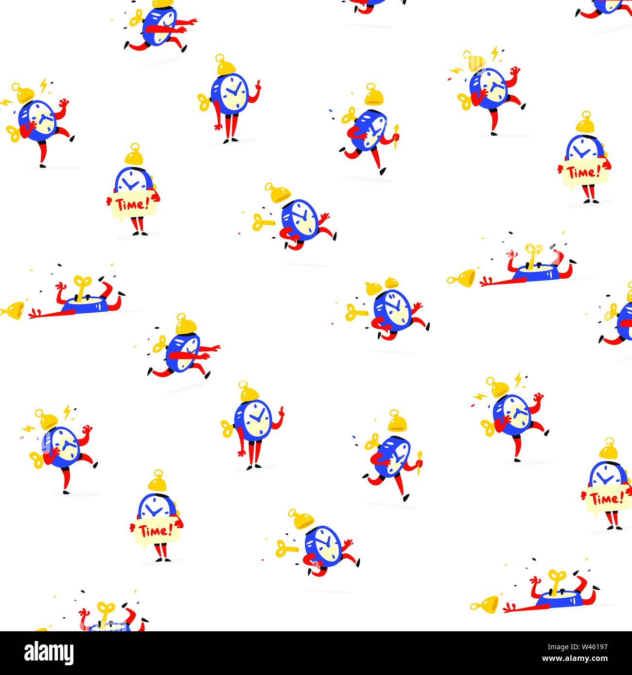 Pattern of blue alarm clocks in various poses and emotions. Vector ...