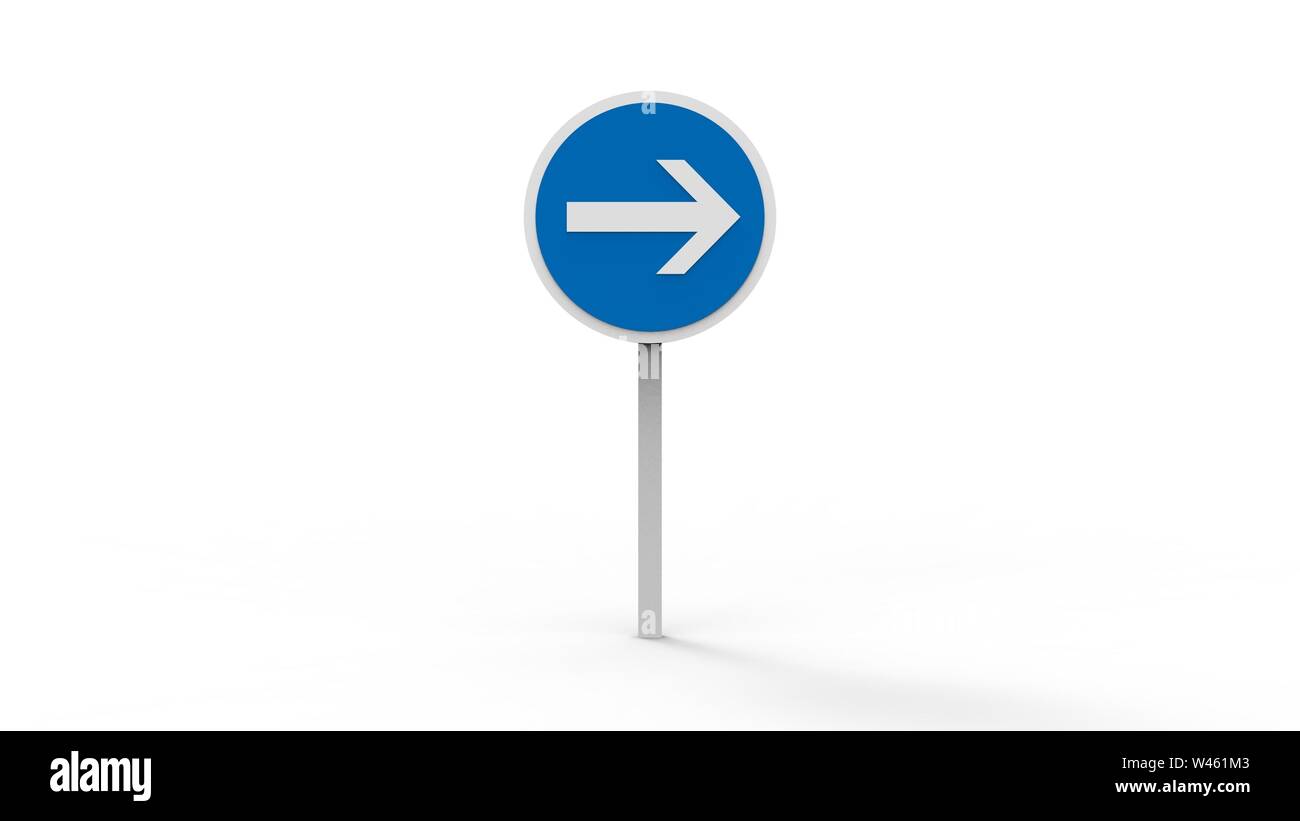 3d rendering of a blue mandatory direction sign isolated in white ...