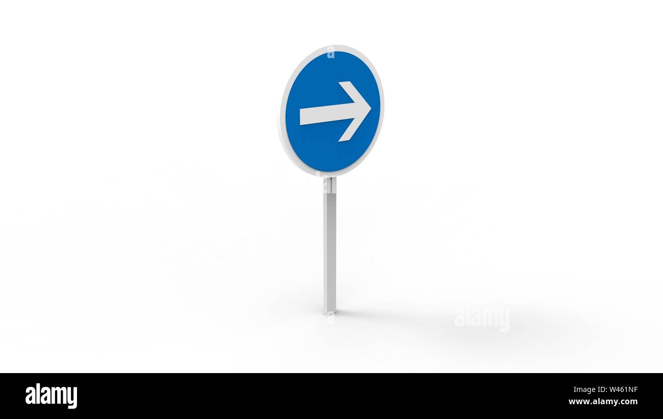 3d rendering of a blue mandatory direction sign isolated in white ...