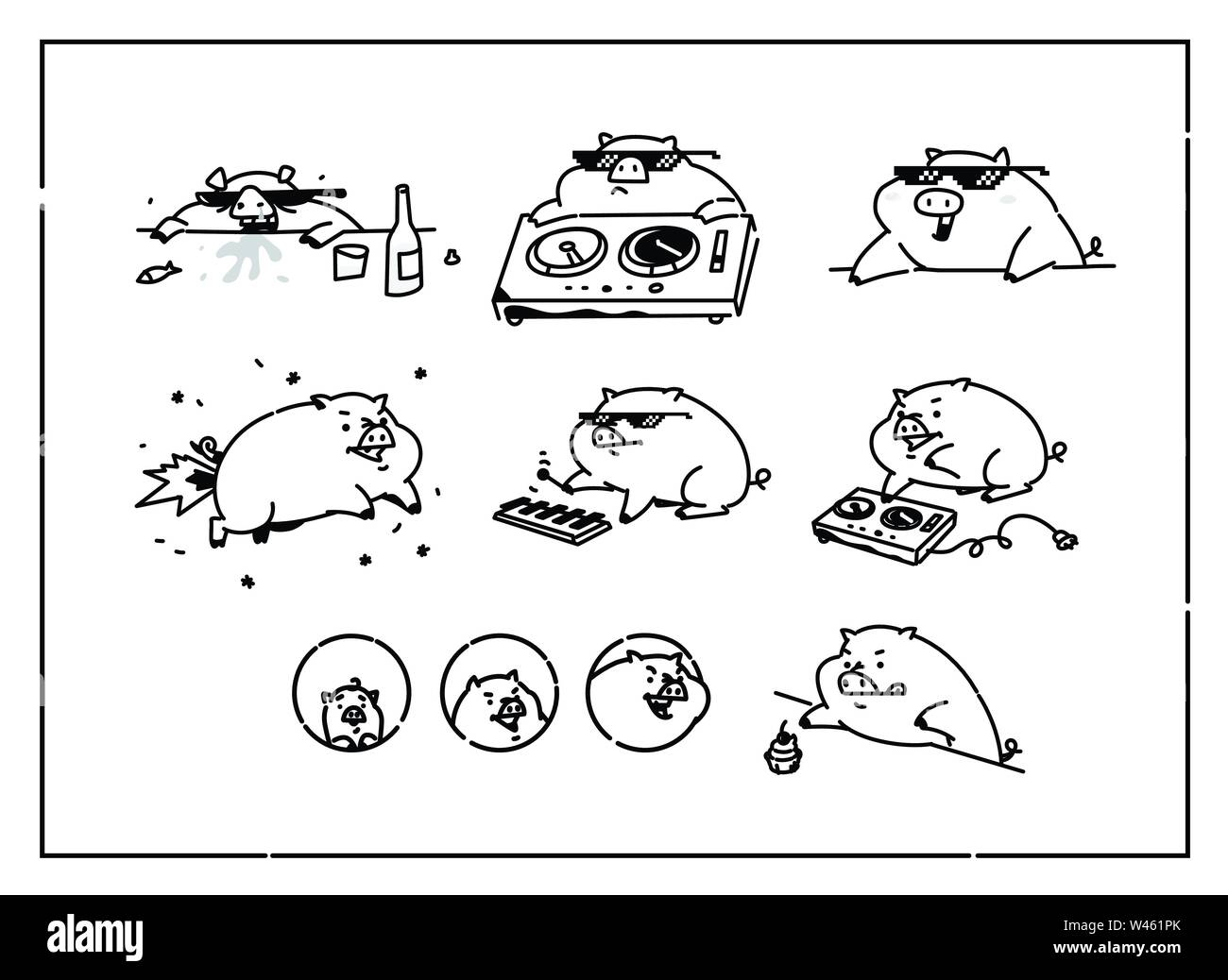 Illustrations of cartoon pigs. Vector. Flat outline style. For true ...