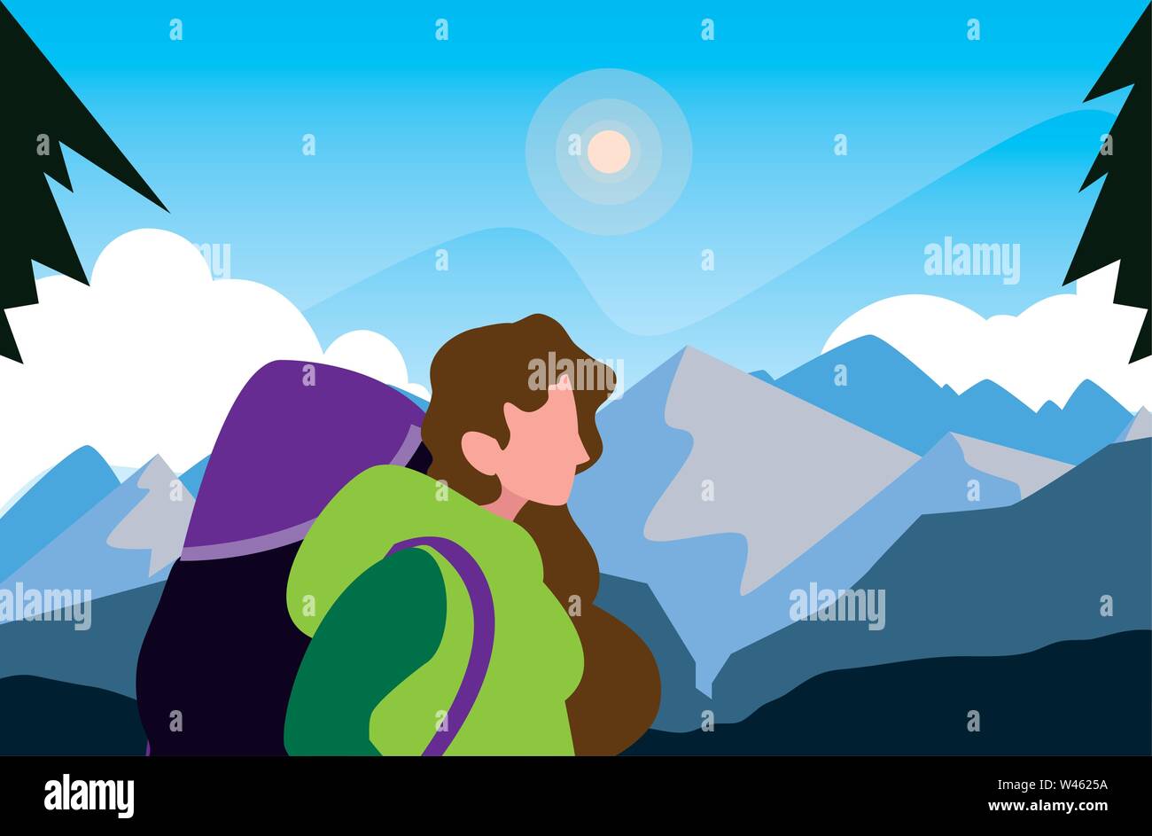 hiking woman traveler landscape natural vector illustration Stock ...