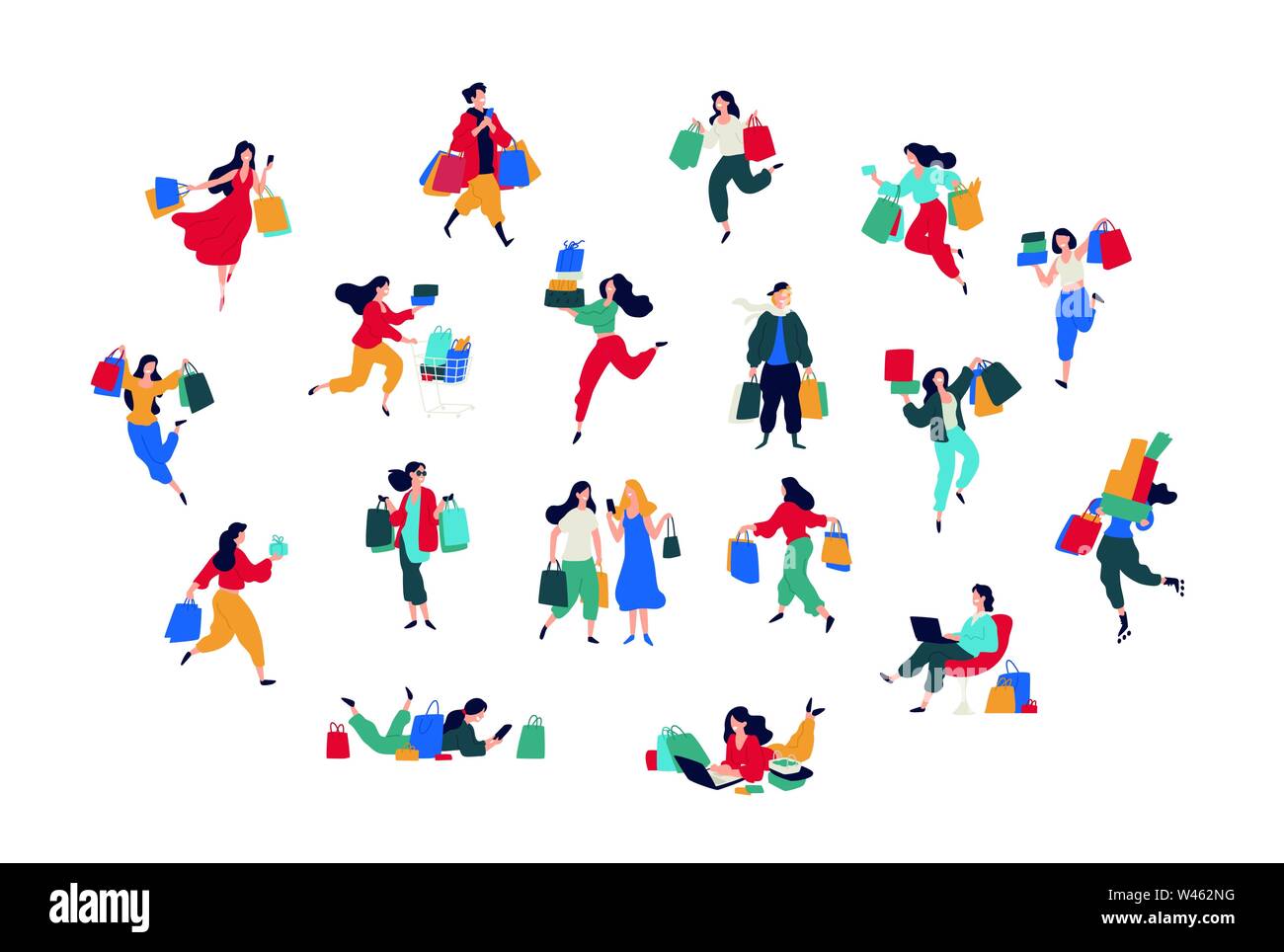 Illustration of people with purchases. Vector. Men and women bought ...