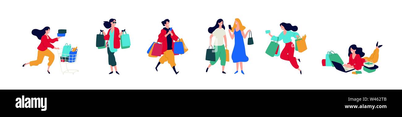 Illustration of people with purchases. Vector. Men and women who bought ...