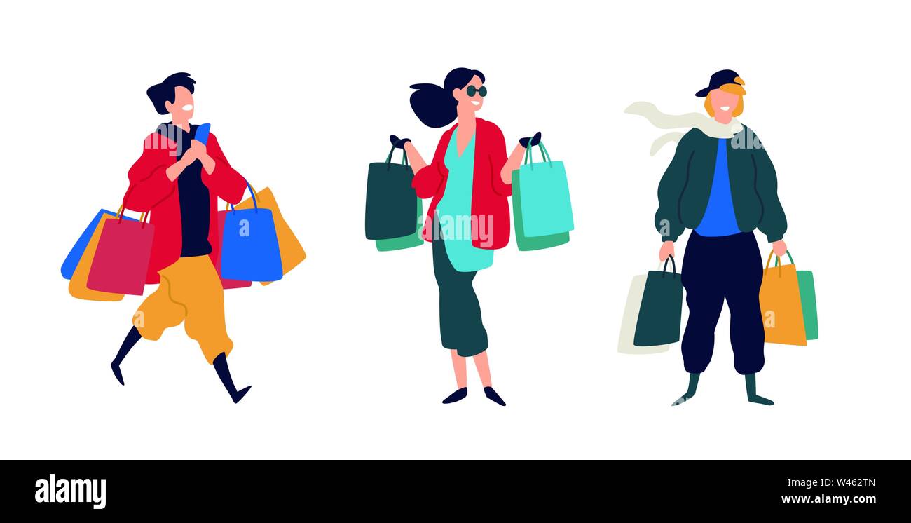 Illustration of people with purchases. Vector. Men and women who bought ...