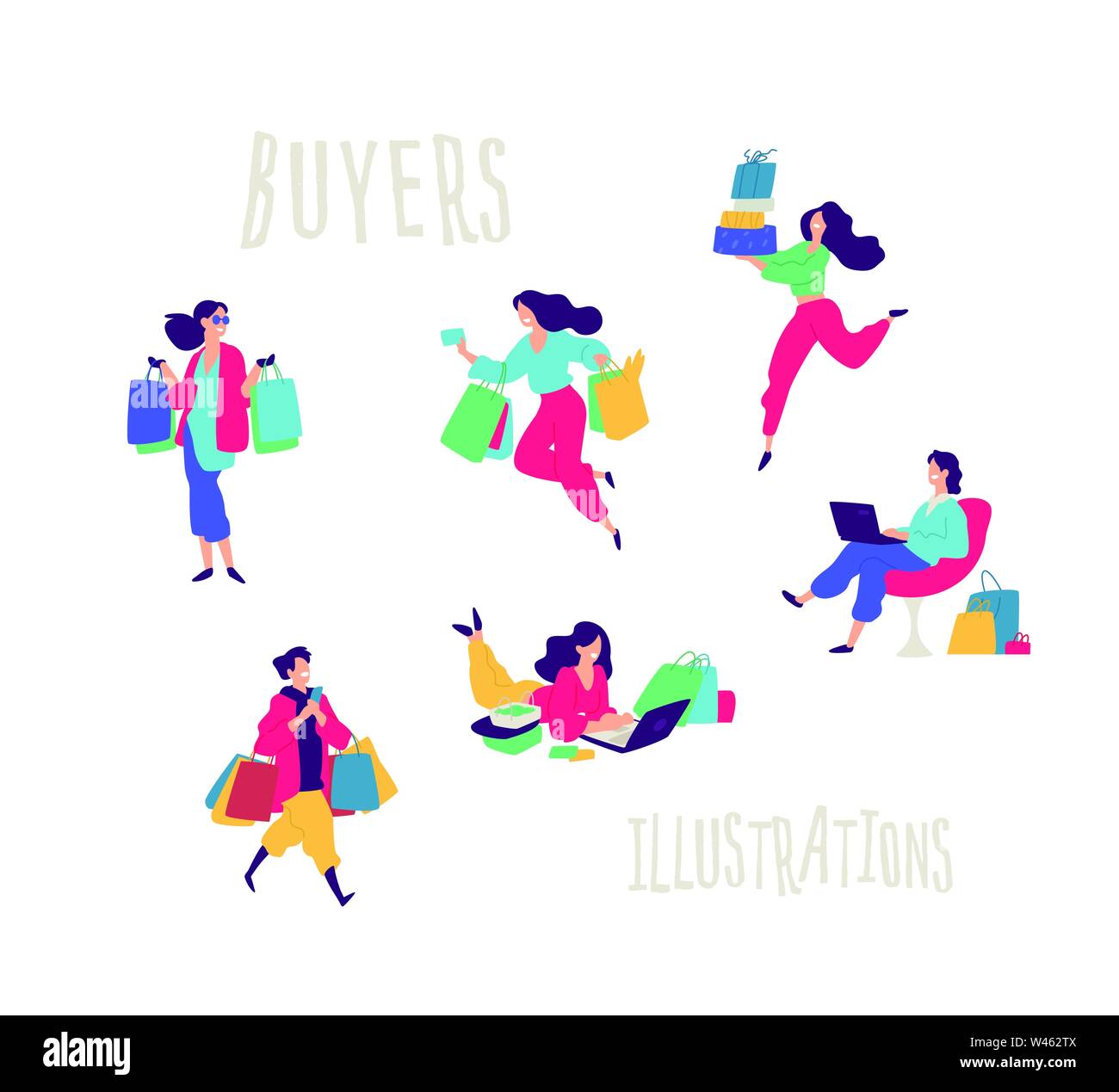 Illustration of people with purchases. Vector. Men and women bought ...