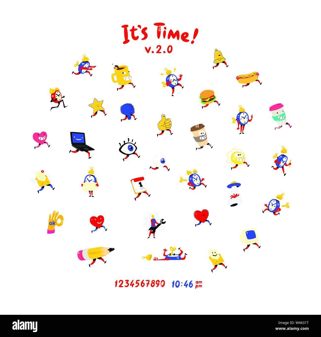 Fun friendly characters. Vector. Icons for watches, alarm clocks, mugs ...