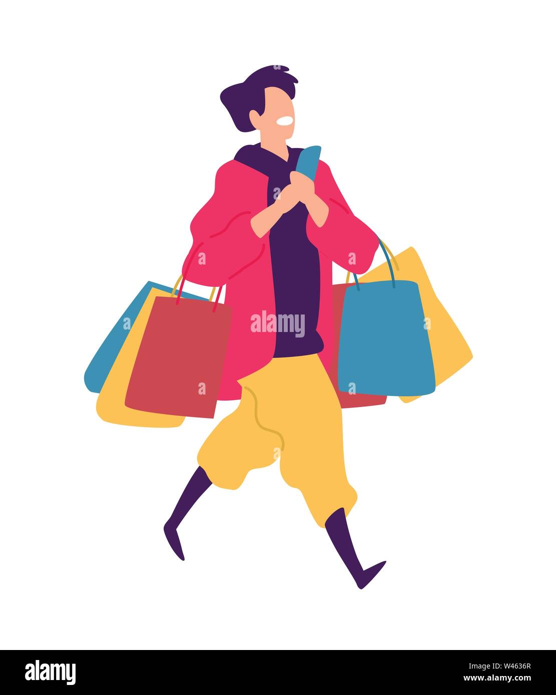 Illustration of a young guy with purchases. Vector. Positive flat ...