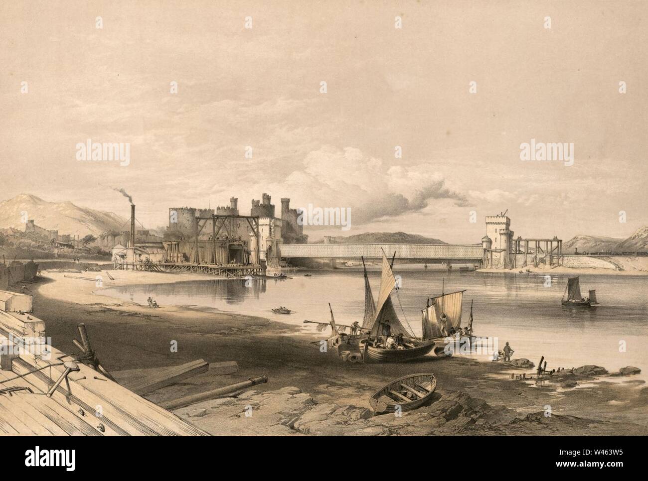 Conway Bridge. Construction of second tube, September, 1848 Stock Photo ...