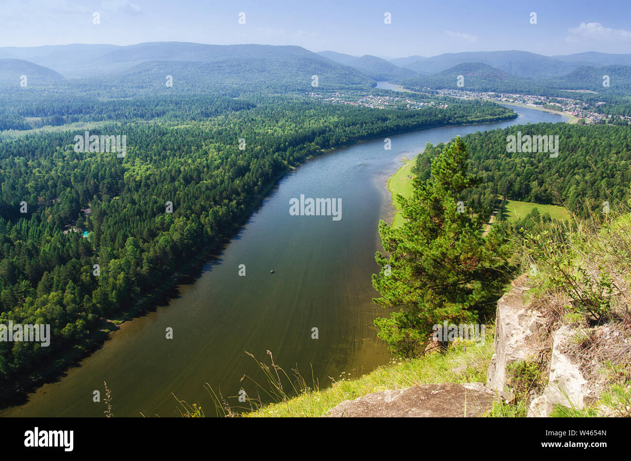 Aerial view of lowland of forest river a summer during a flight Stock ...