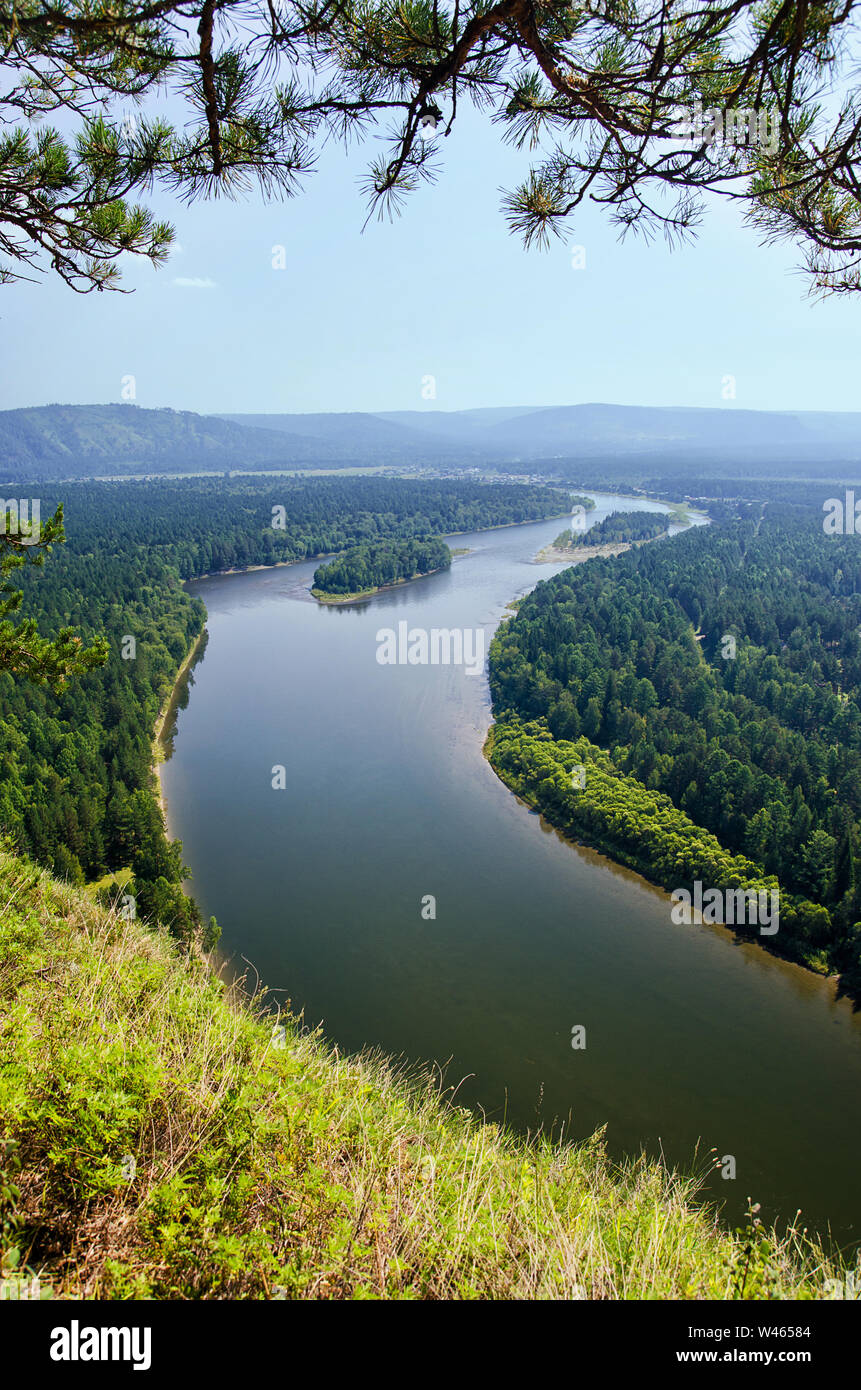 Aerial view of lowland of forest river a summer during a flight Stock ...