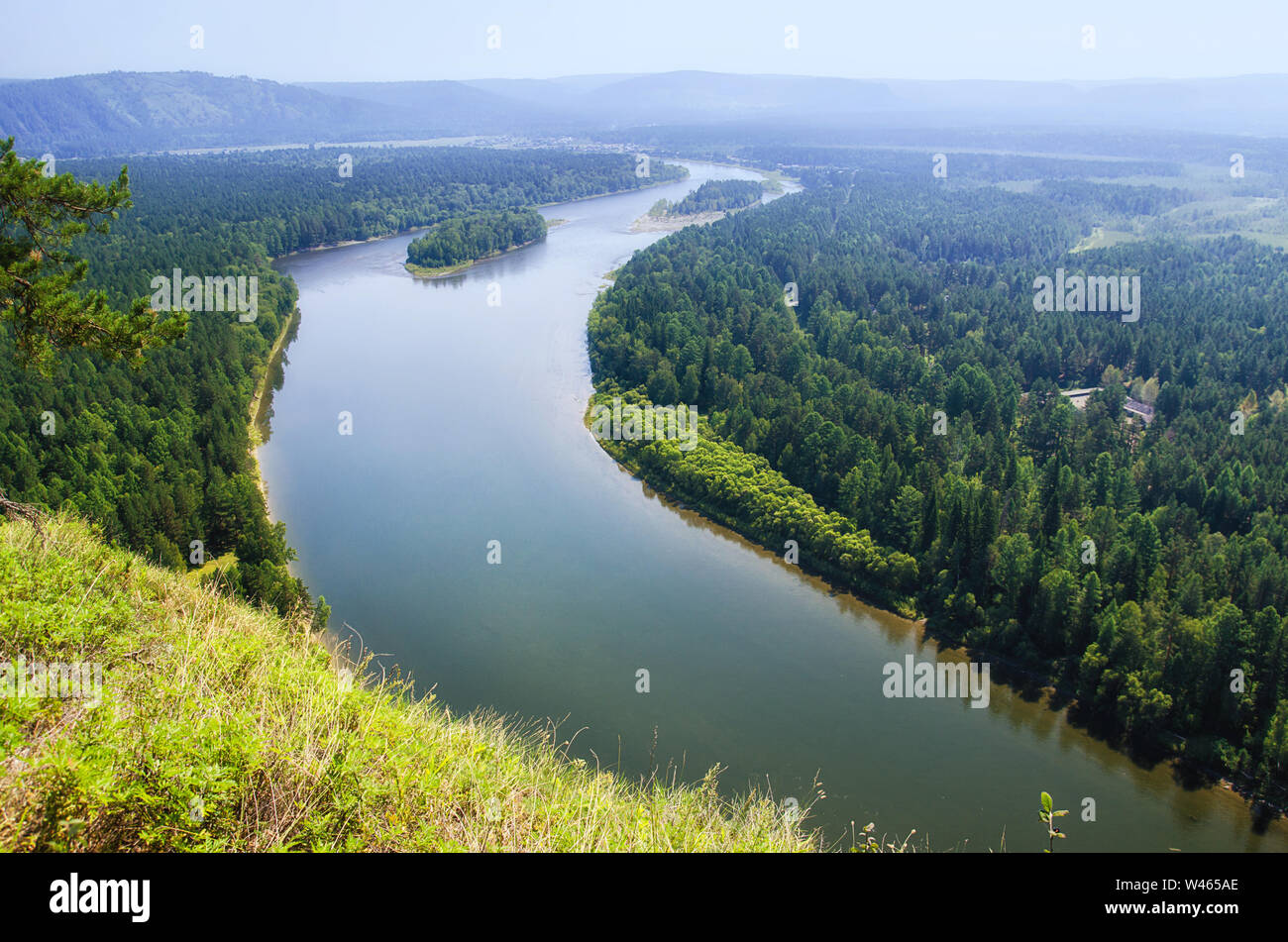 Aerial view of lowland of forest river a summer during a flight Stock ...