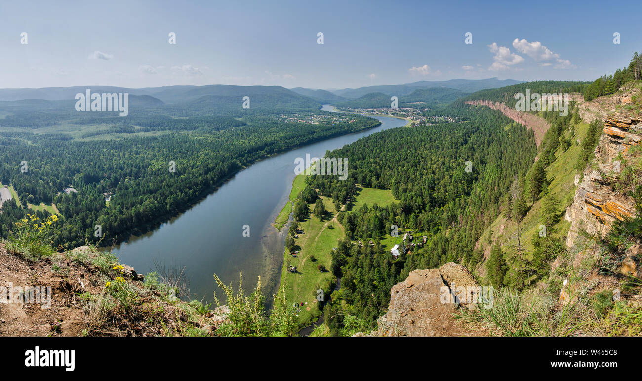 Aerial view of lowland of forest river a summer during a flight Stock ...