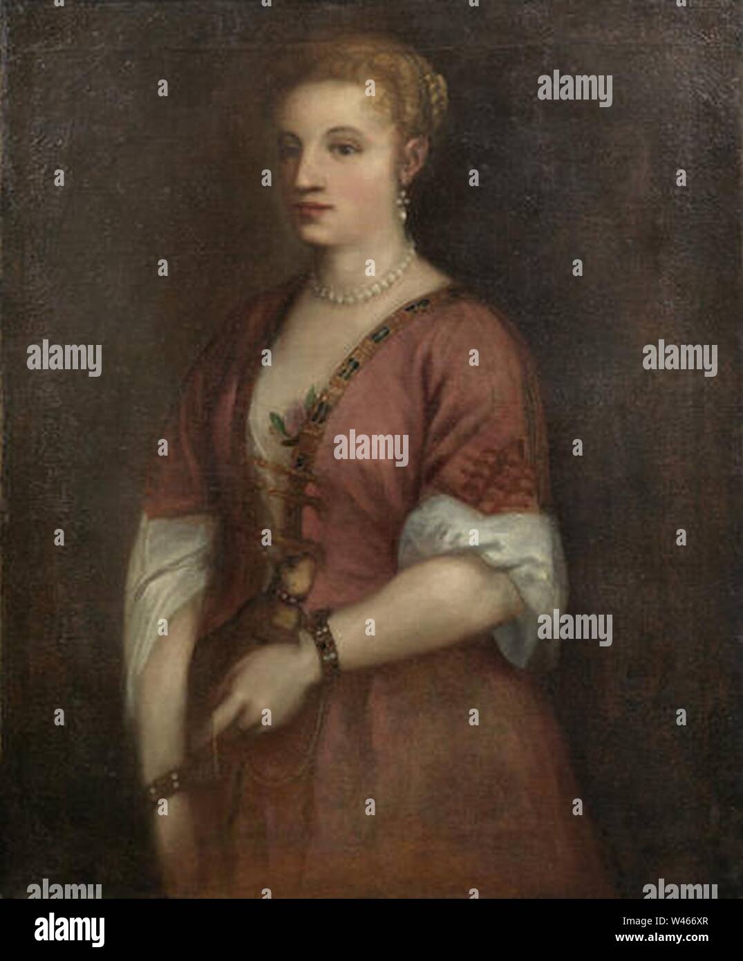 Copy of Titian's Lady with a collared pet attached by chain to her ...