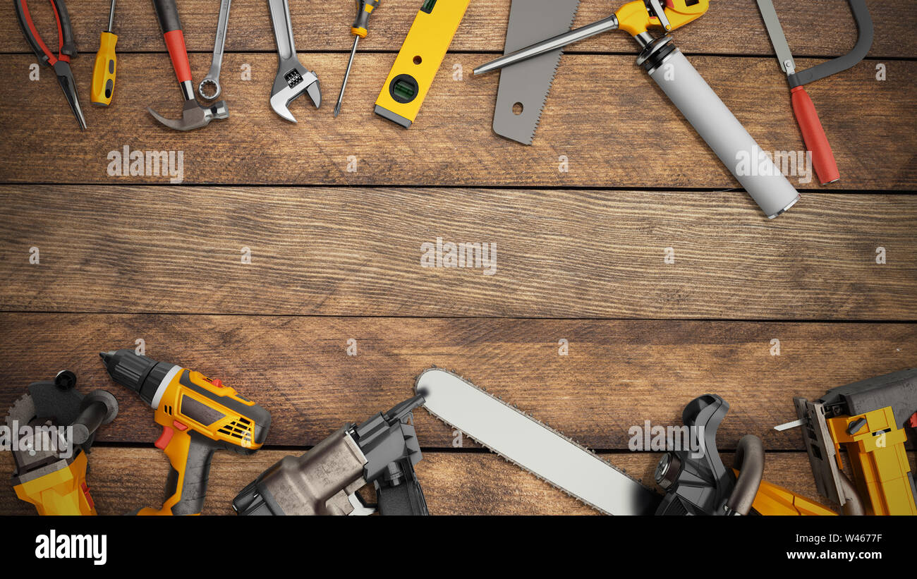 construction background with tools 3d render on wood Stock Photo - Alamy