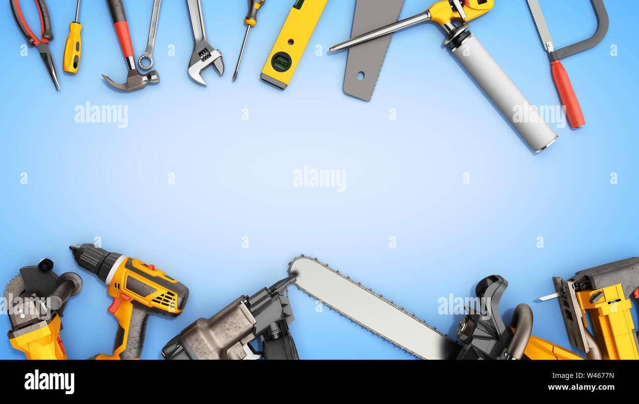 construction background with tools 3d render on blue Stock Photo - Alamy