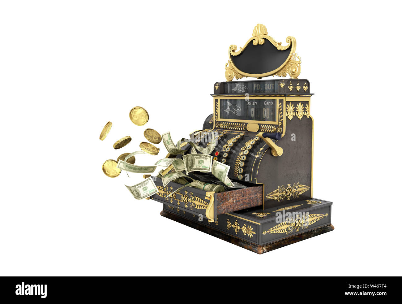 Old vintage cash register with flying money and coins 3d render on ...