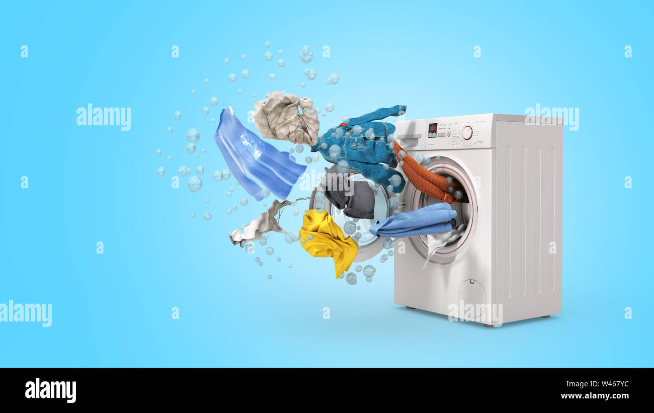 Washing machine and flying clothes on blue background Stock Photo - Alamy
