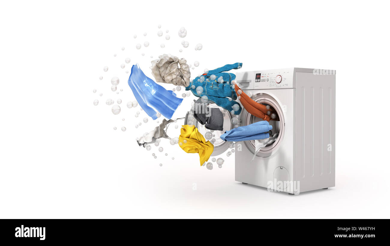 Washing machine and flying clothes on white background Stock Photo - Alamy