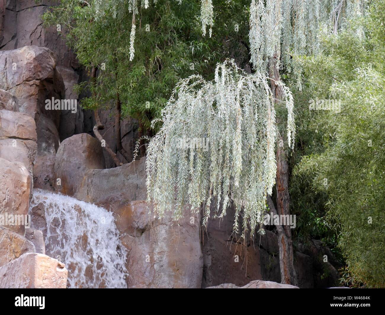Water cascading down man-made waterfalls in a landscaped garden Stock ...