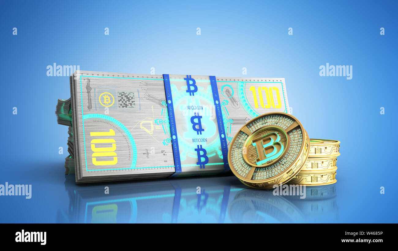 concept of bitcoin banknote and monet virtual money bills 3d render on ...