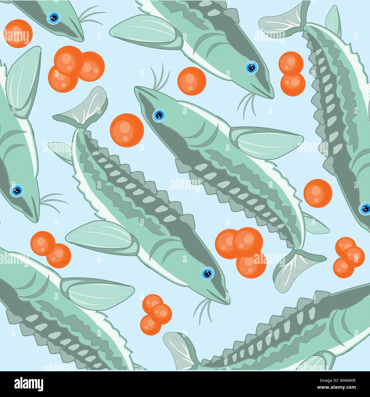 Vector illustration of the decorative pattern of fish sturgeon and roes ...