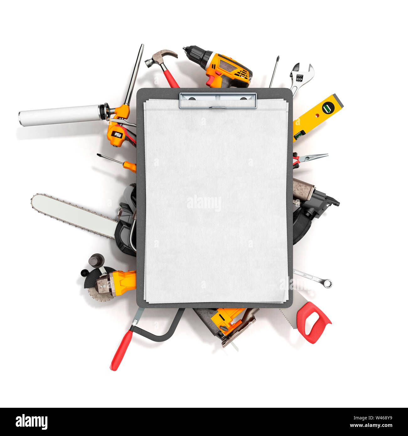 construction background with notebook and tools 3d render on white ...