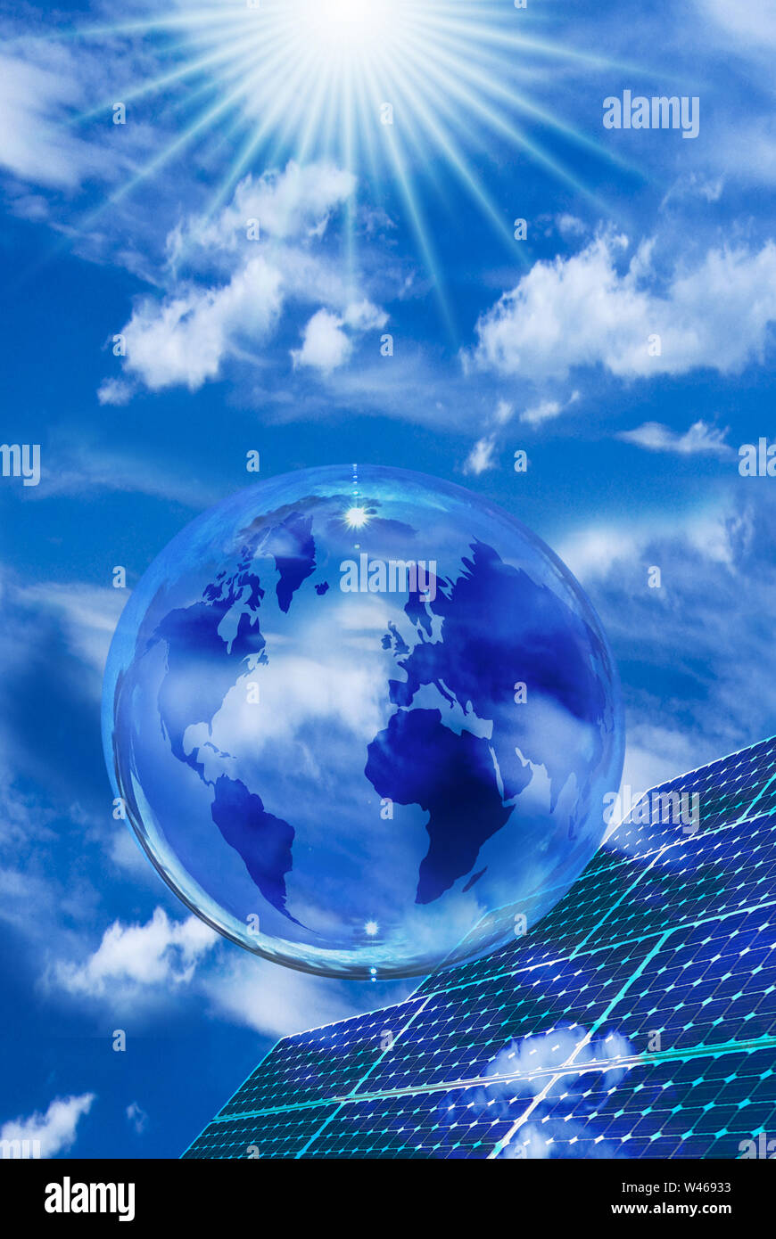 solar landscape with blue sky. in the foreground a transparent bubble ...