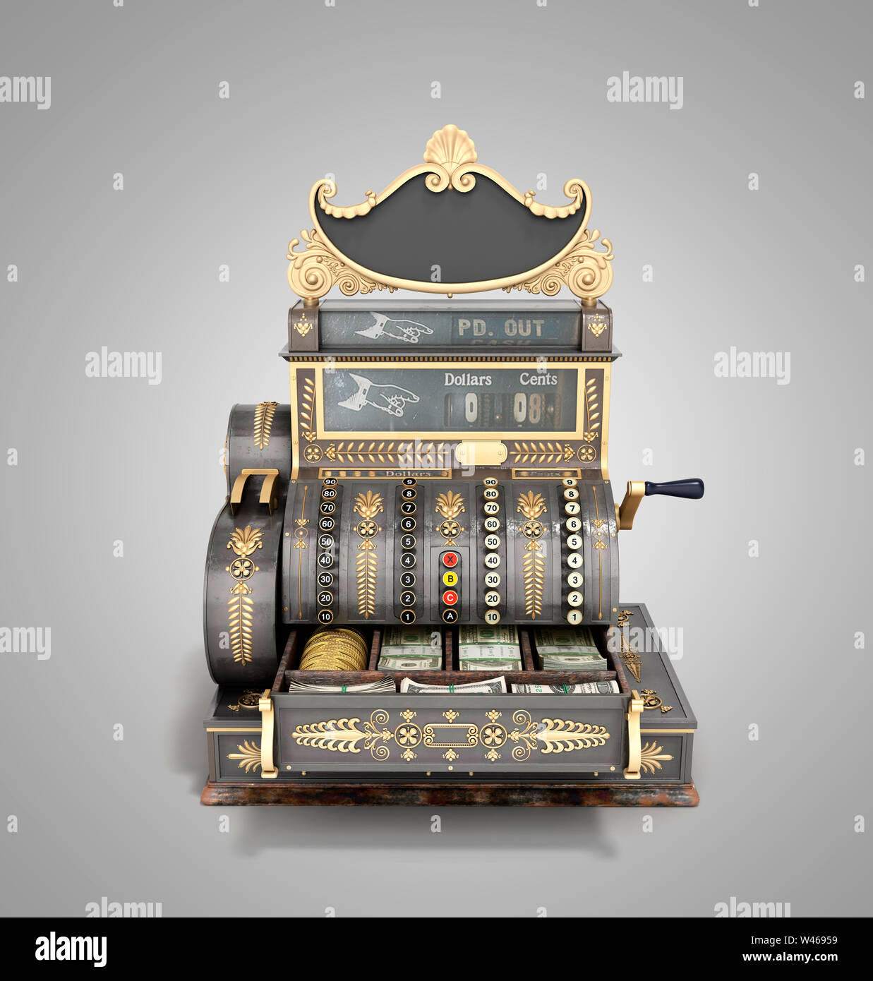 Open Old vintage cash register 3d render on grey background Stock Photo ...