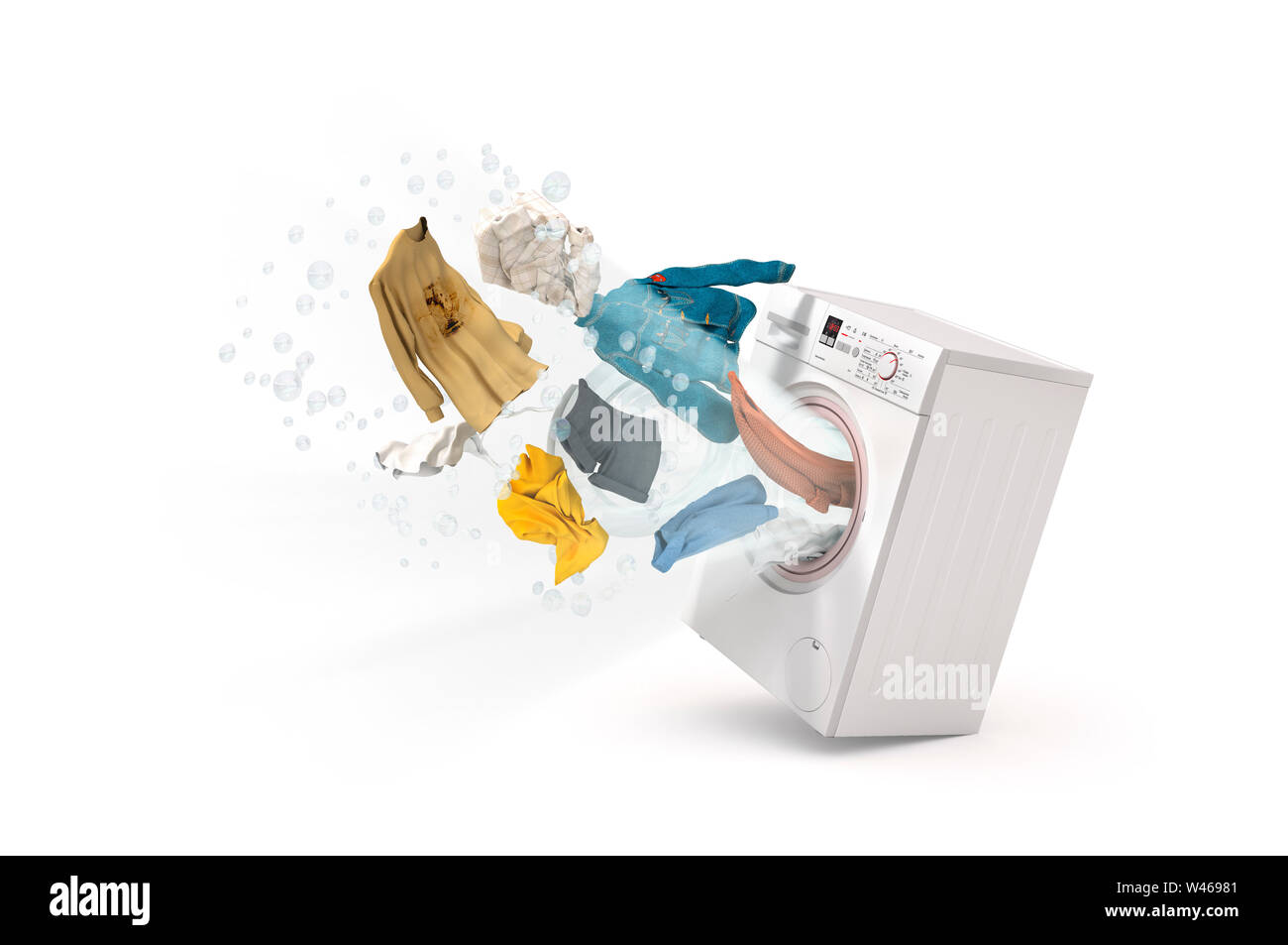 Washing machine and flying clothes on white background Stock Photo - Alamy