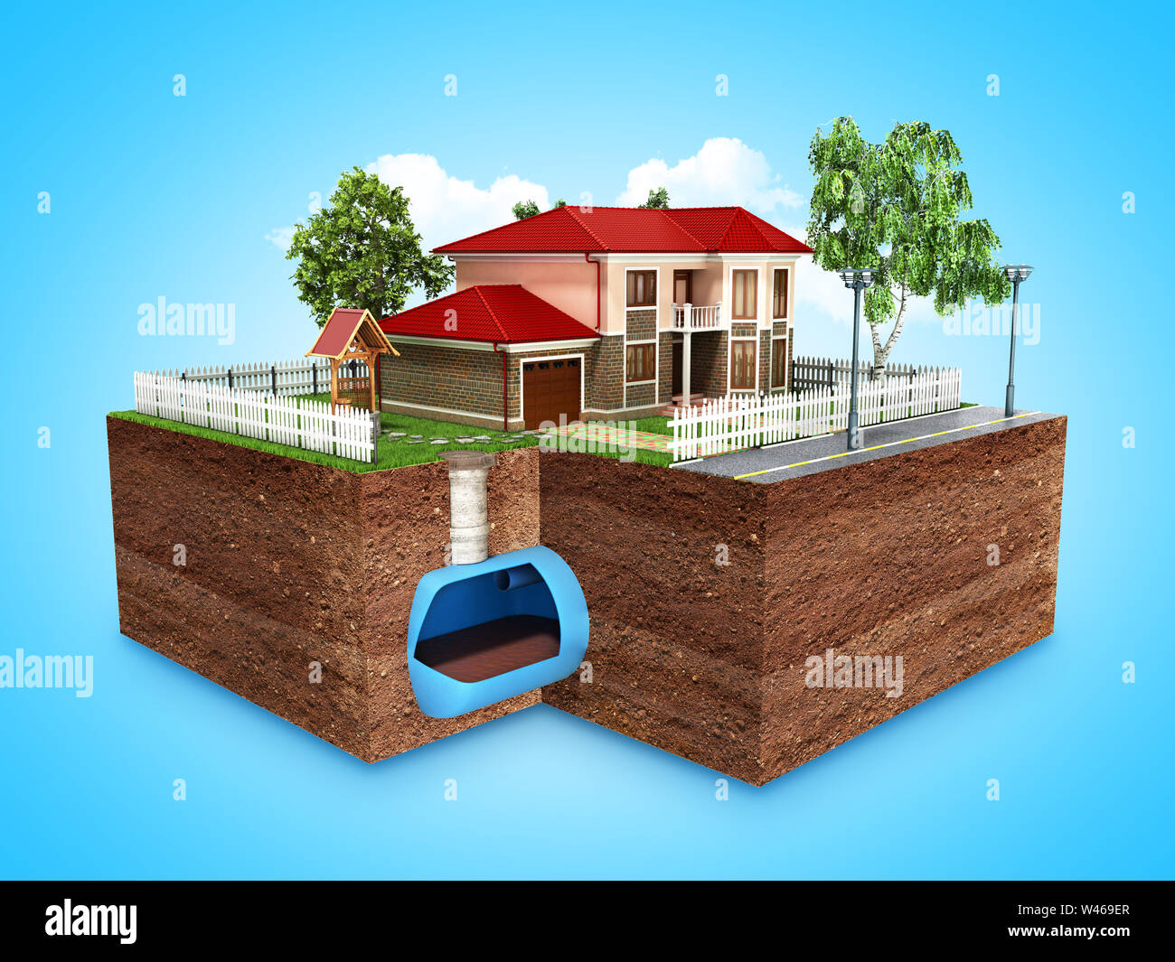 concept of Sewerage in a private house 3d render on blue Stock Photo ...