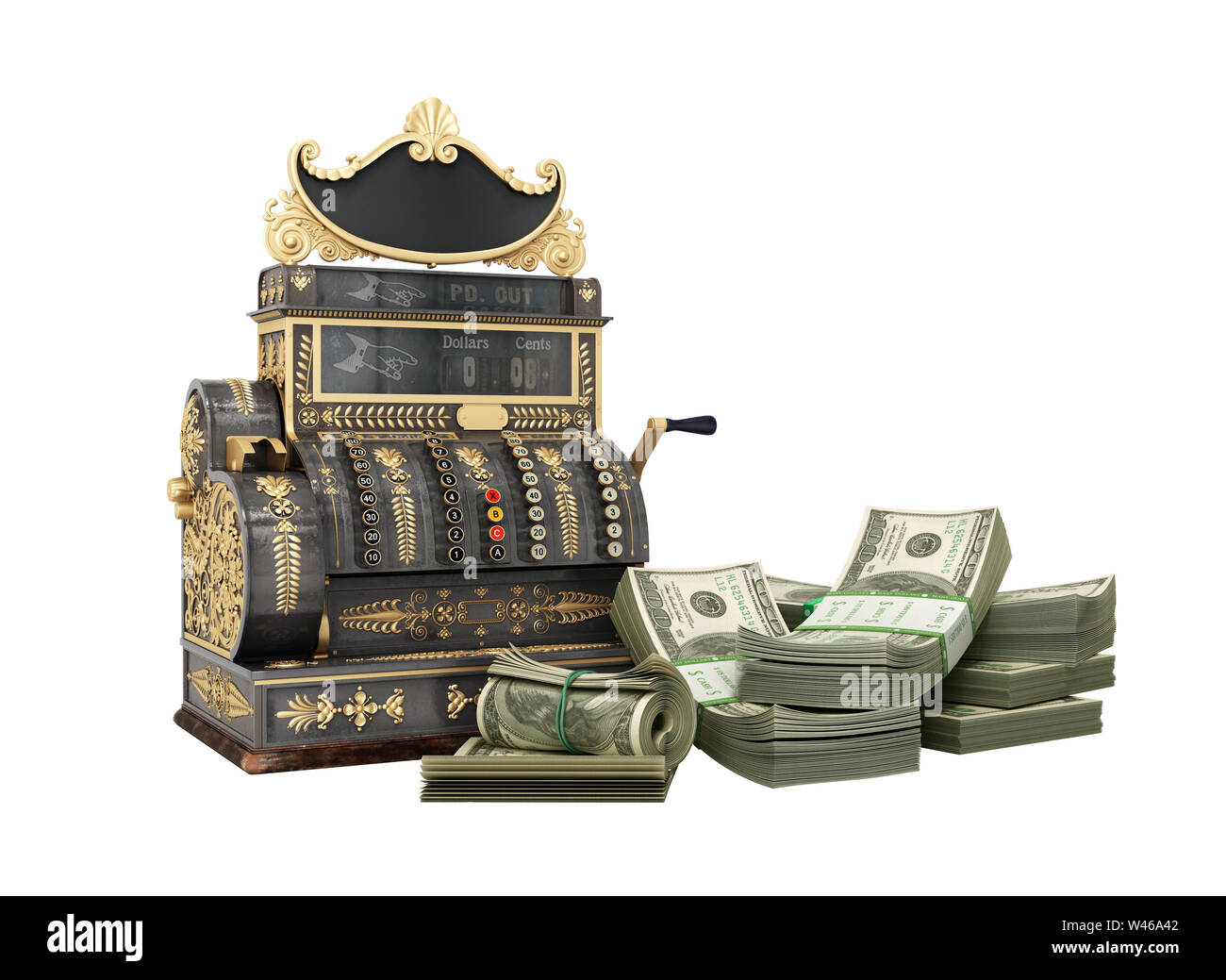 Old vintage cash register with money and 3d render on white background ...