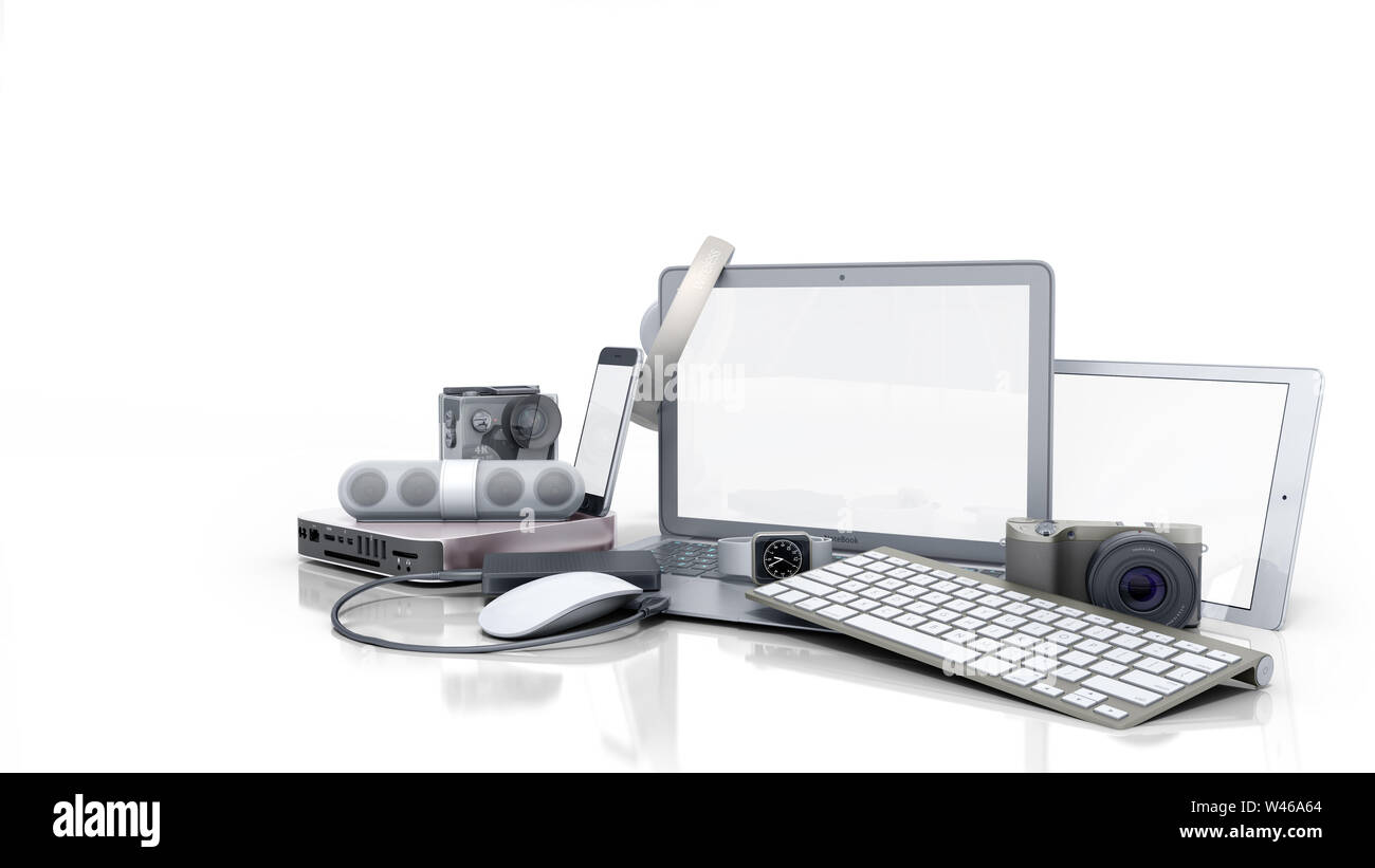 collection of consumer electronics 3D render on white background Stock ...