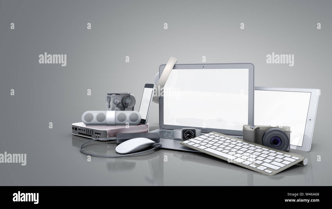 collection of consumer electronics 3D render on grey background Stock ...
