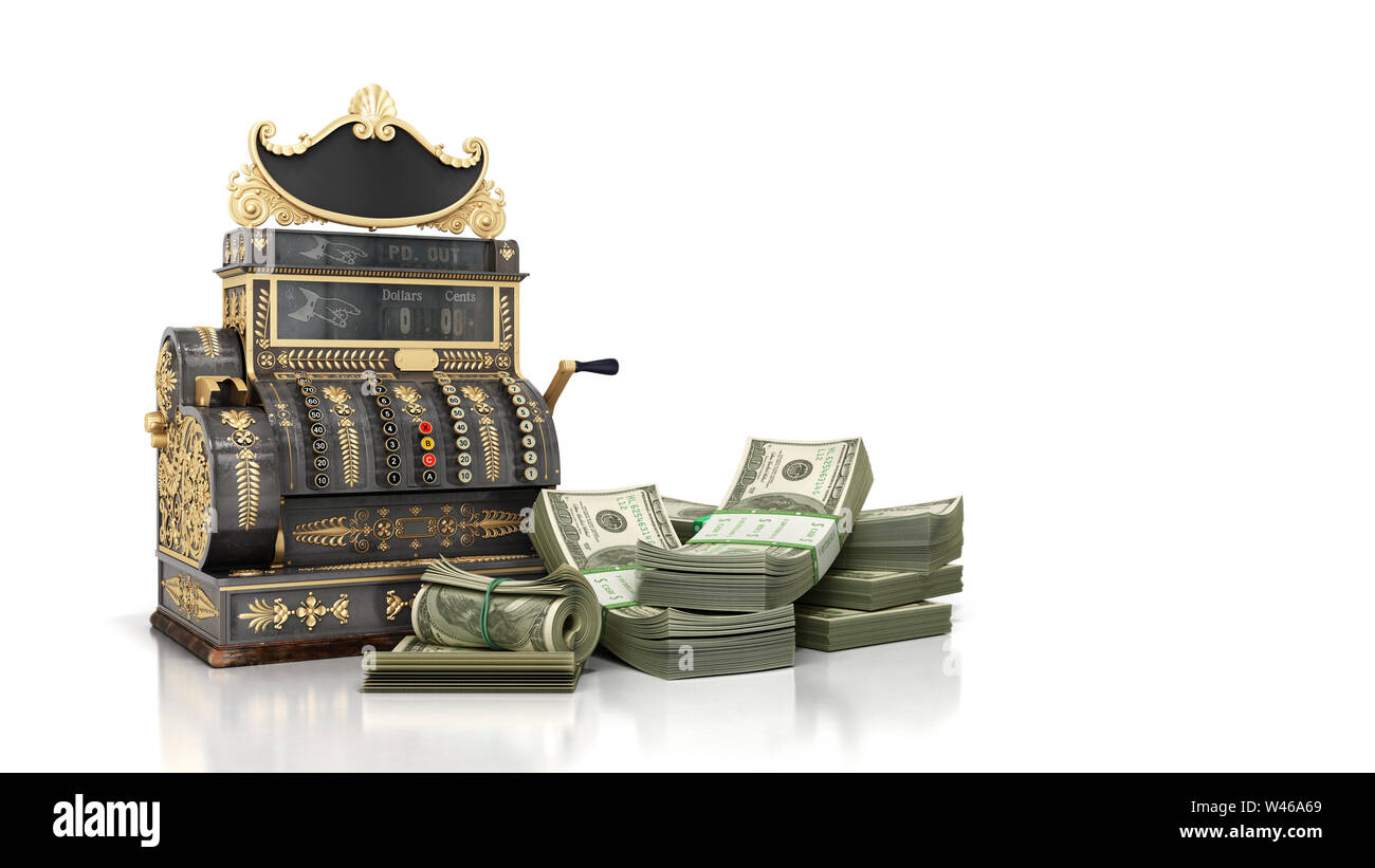 Old vintage cash register with money and 3d render on white background ...