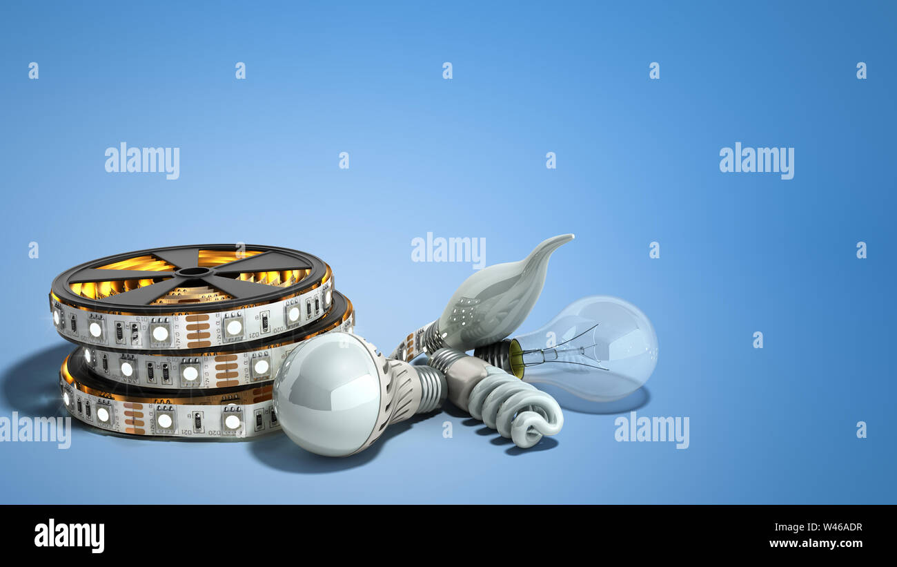 different Lighting Bulbs set 3d render on blue background Stock Photo ...