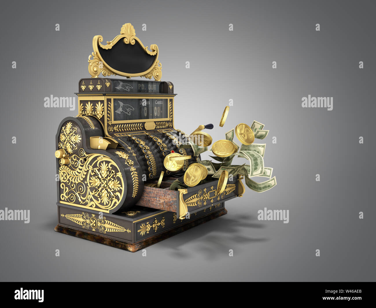 Old vintage cash register with flying money and coins 3d render on grey ...