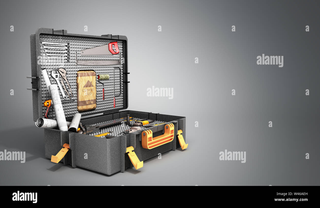 A set of tools in the case 3d render on grey background Stock Photo - Alamy