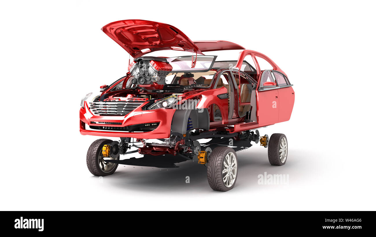 Modern concept of auto repair work Details of the red car on a white ...