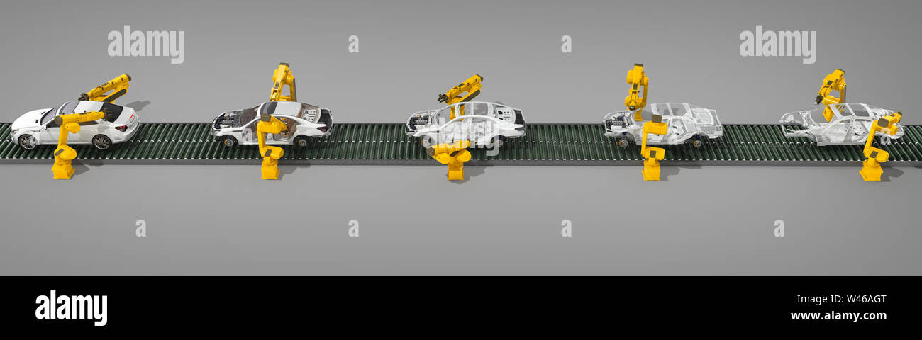 robot assembly line in car factory 3d render on blue Stock Photo - Alamy