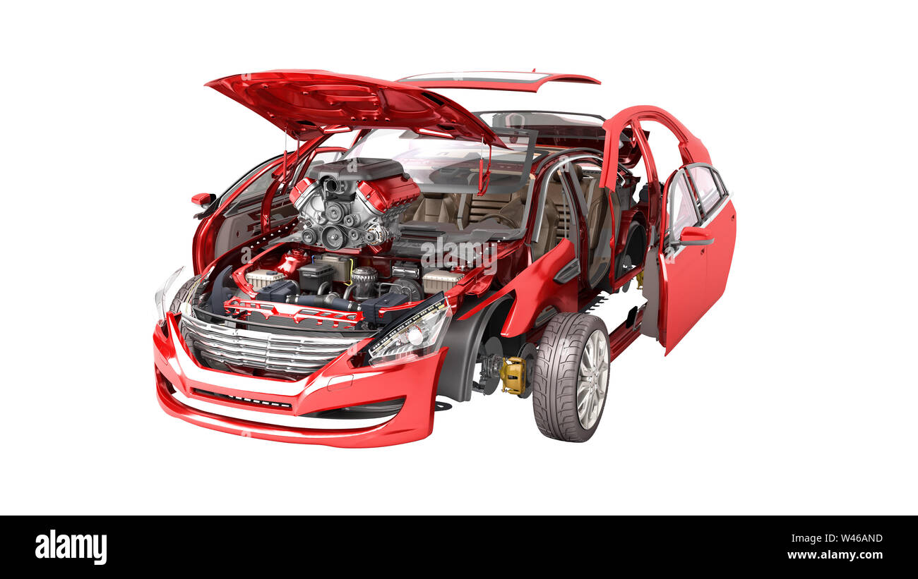 Details of the red car on a white background no shadow 3D render Stock ...