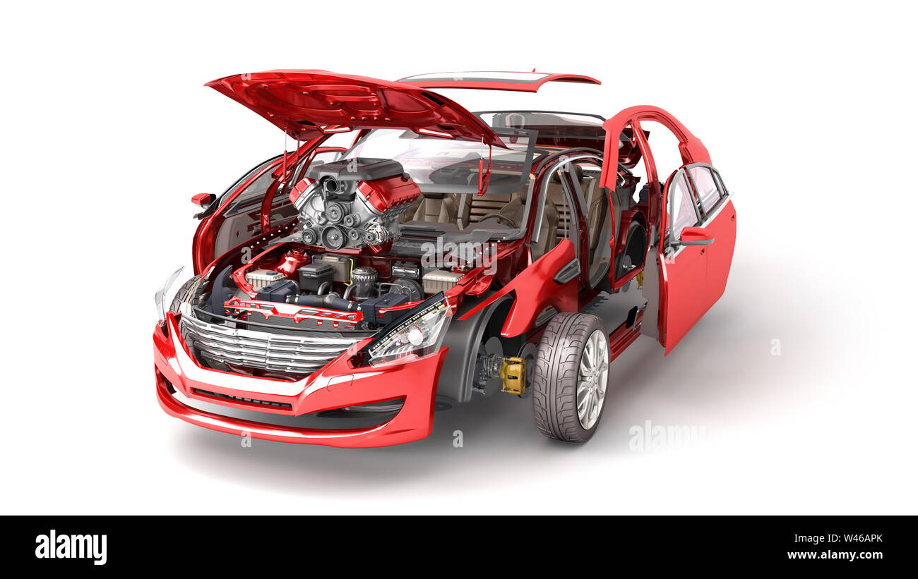 Details of the red car on a white background 3D render Stock Photo - Alamy