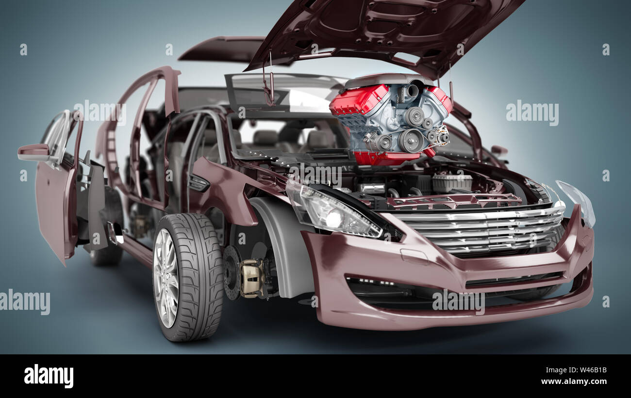 Modern concept of auto repair work Details of the red car on a grey ...