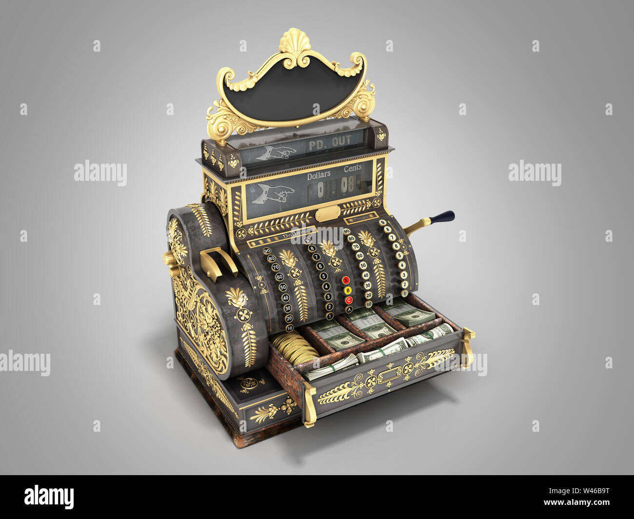 Old vintage cash register 3d render on grey background Stock Photo - Alamy