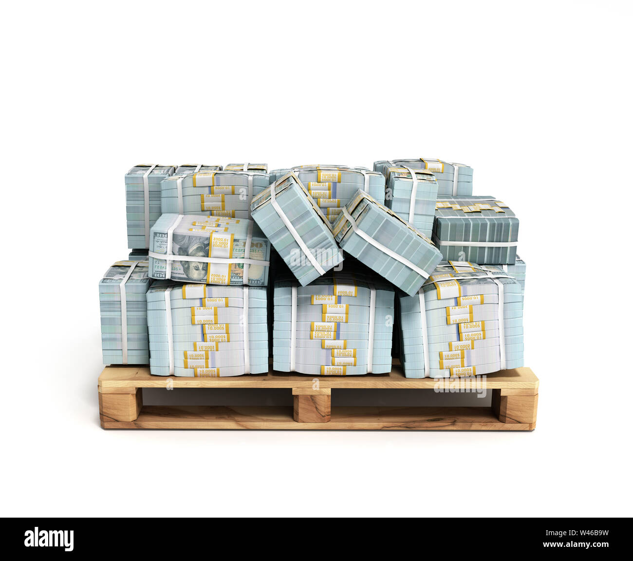 Stack of dollar money bills on wooden pallet 3d render on a white ...