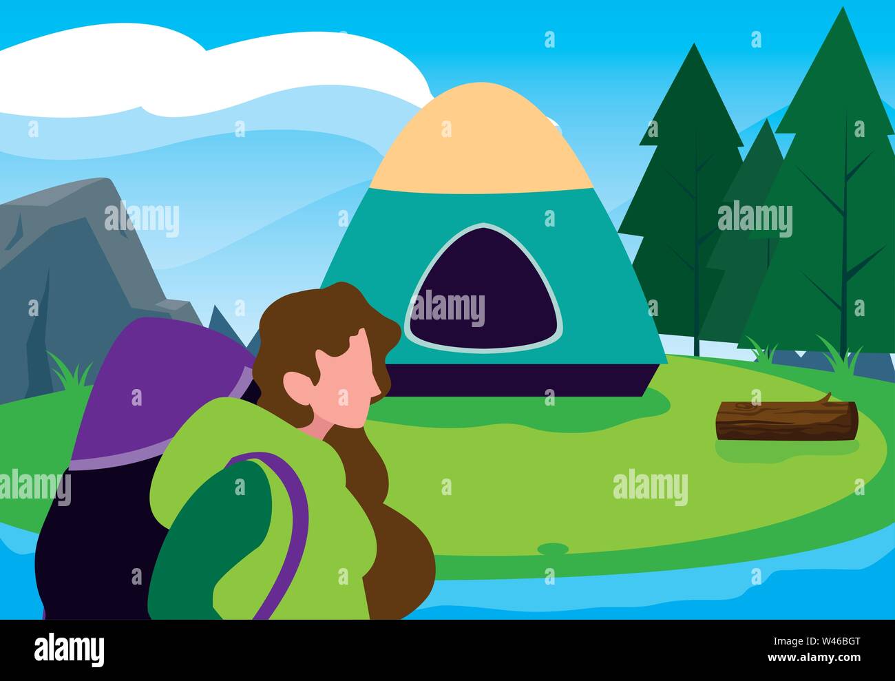 woman camp tent river forest landscape vector illustration Stock Vector ...