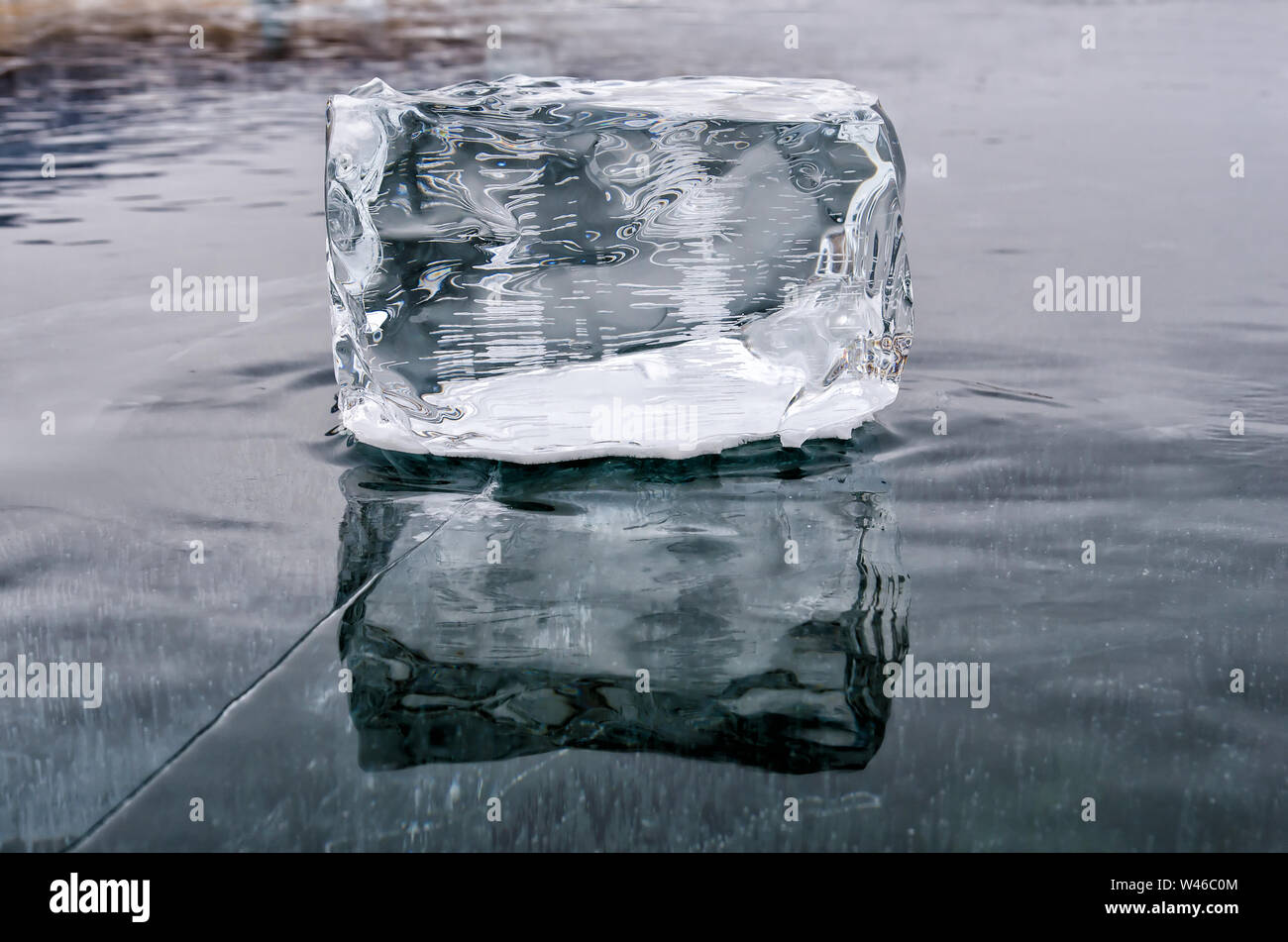 Single Ice Cube with reflection on the lake surface Stock Photo - Alamy