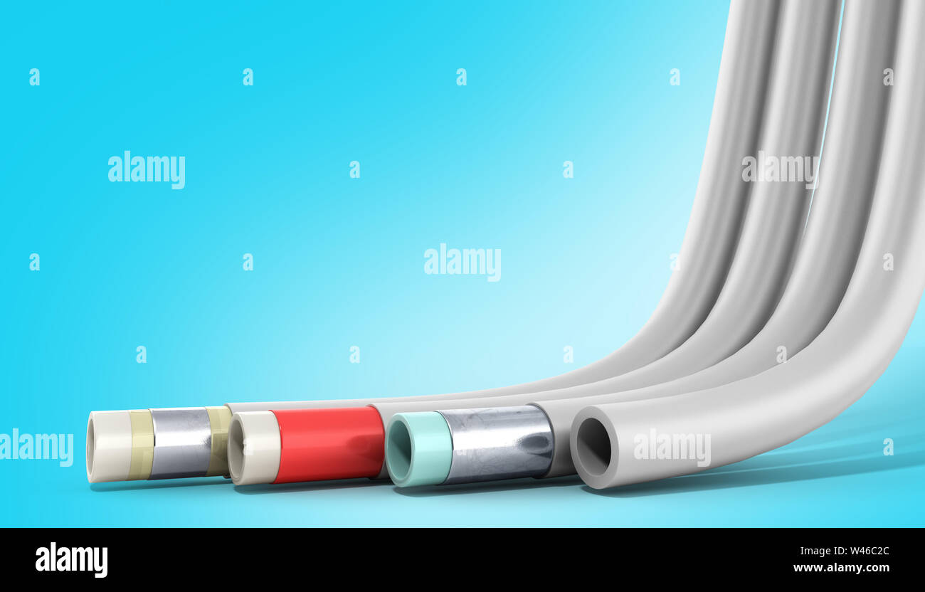 different plastic water pipes in layers 3d render on blue Stock Photo ...