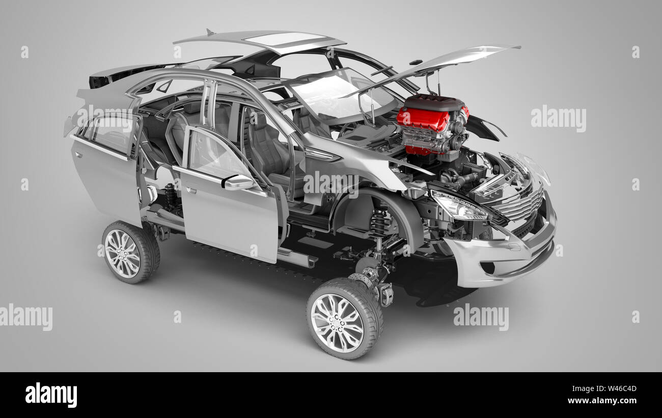 Modern concept of auto repair work Details of the red car on a grey ...