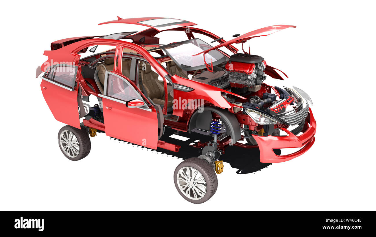 Modern concept of auto repair work Details of the red car on a white ...